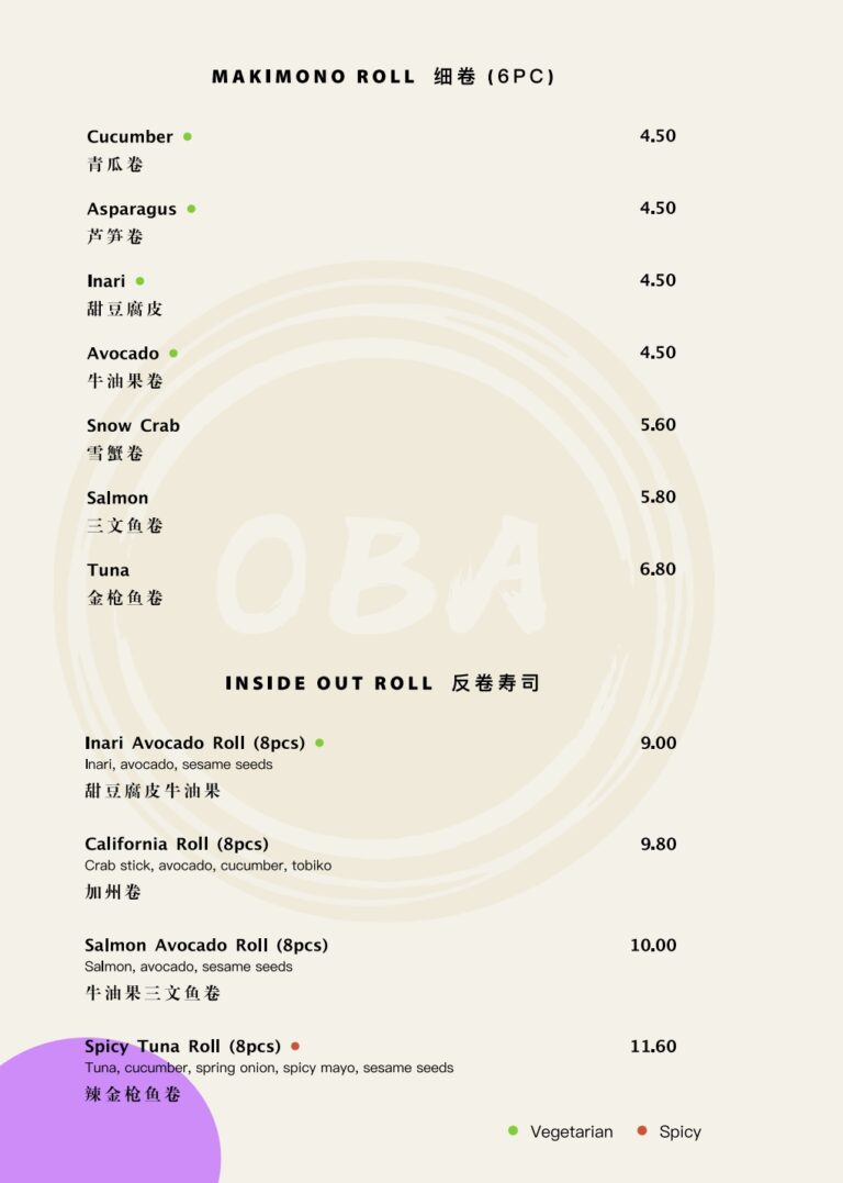 Our Menu - Oba Korean&Japanese Kitchen & Bar